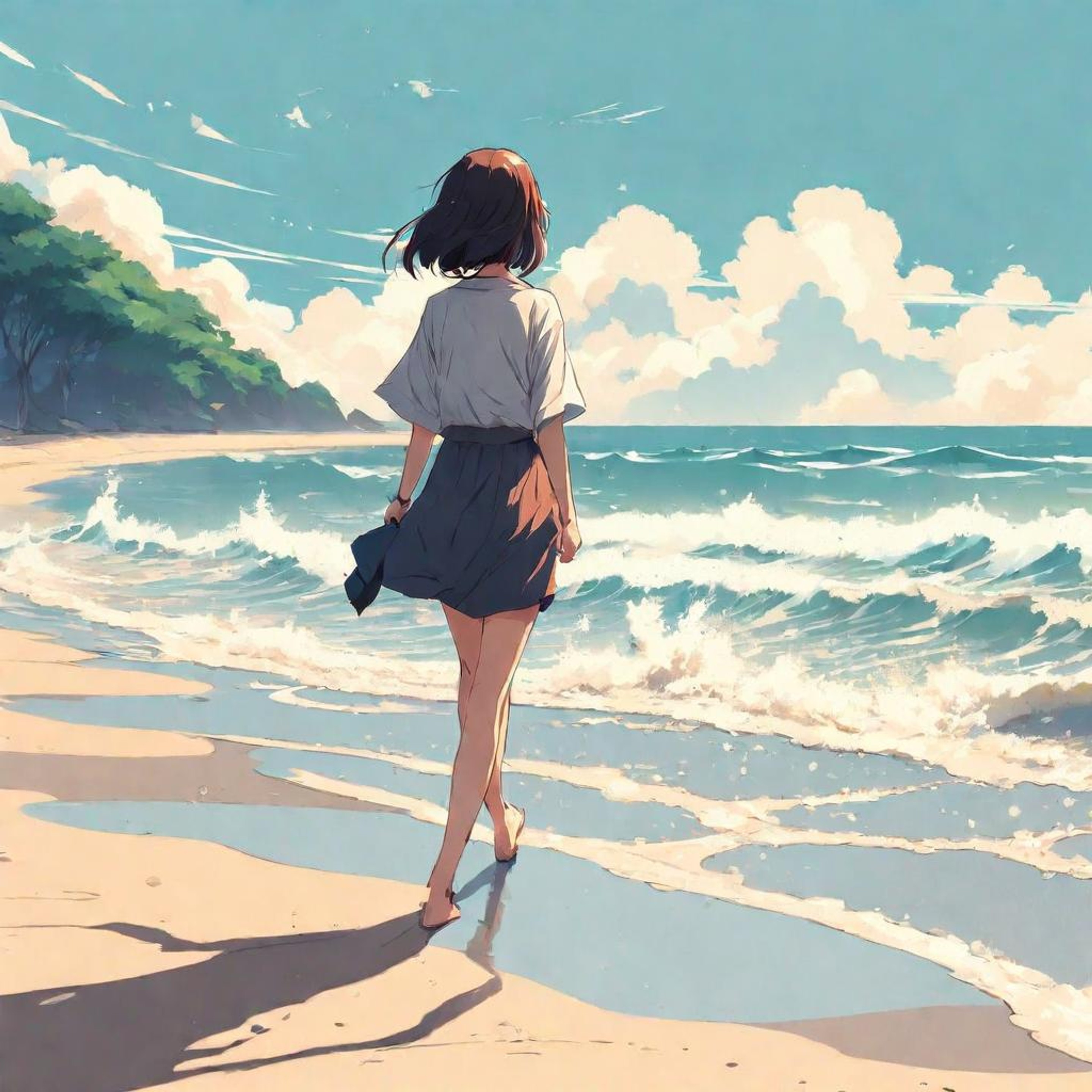 Seaside Stroll: Anime Illustration of Woman Walking on Beach - LimeWire