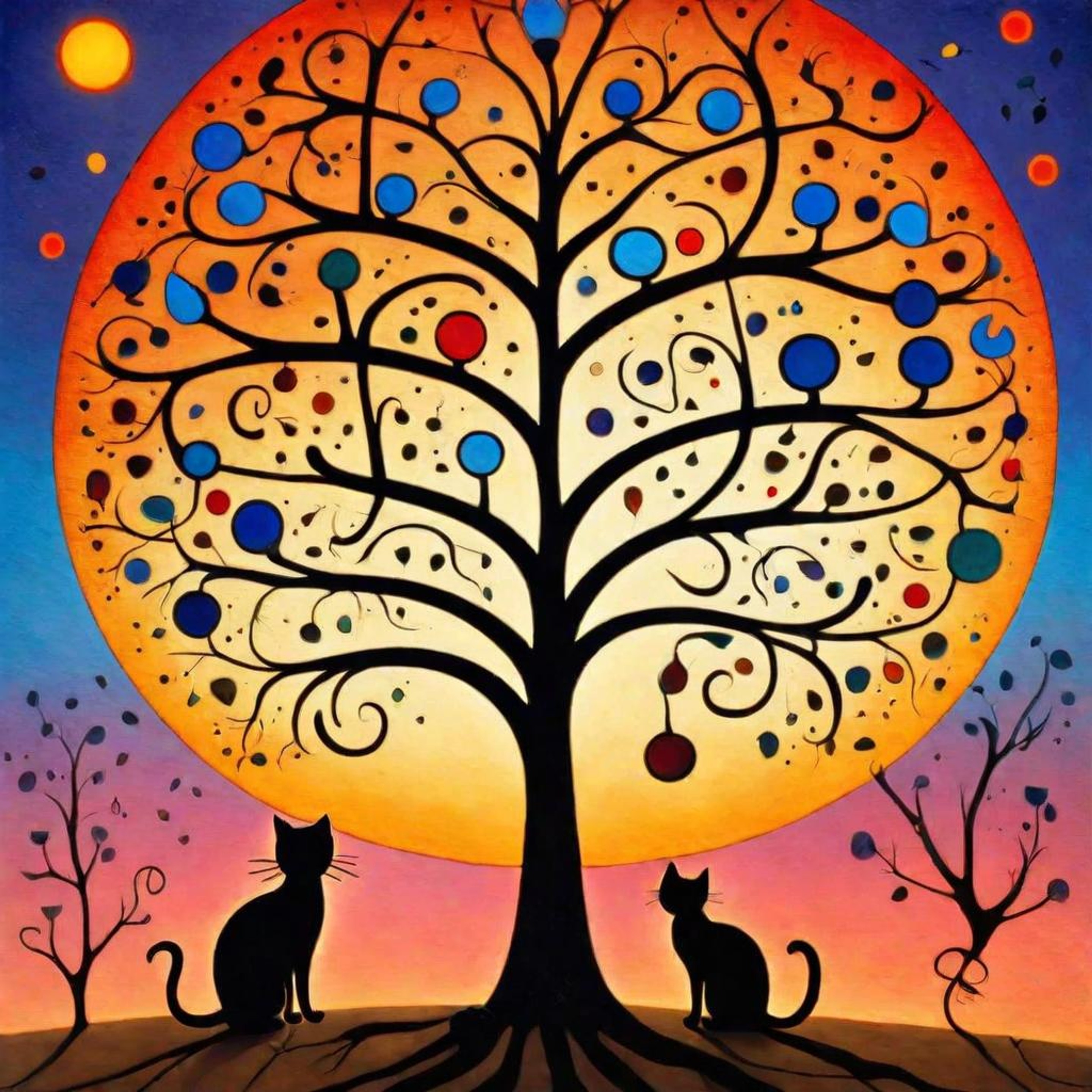 Mystical Sunset: Miro Tree of Life with Two Cats - LimeWire