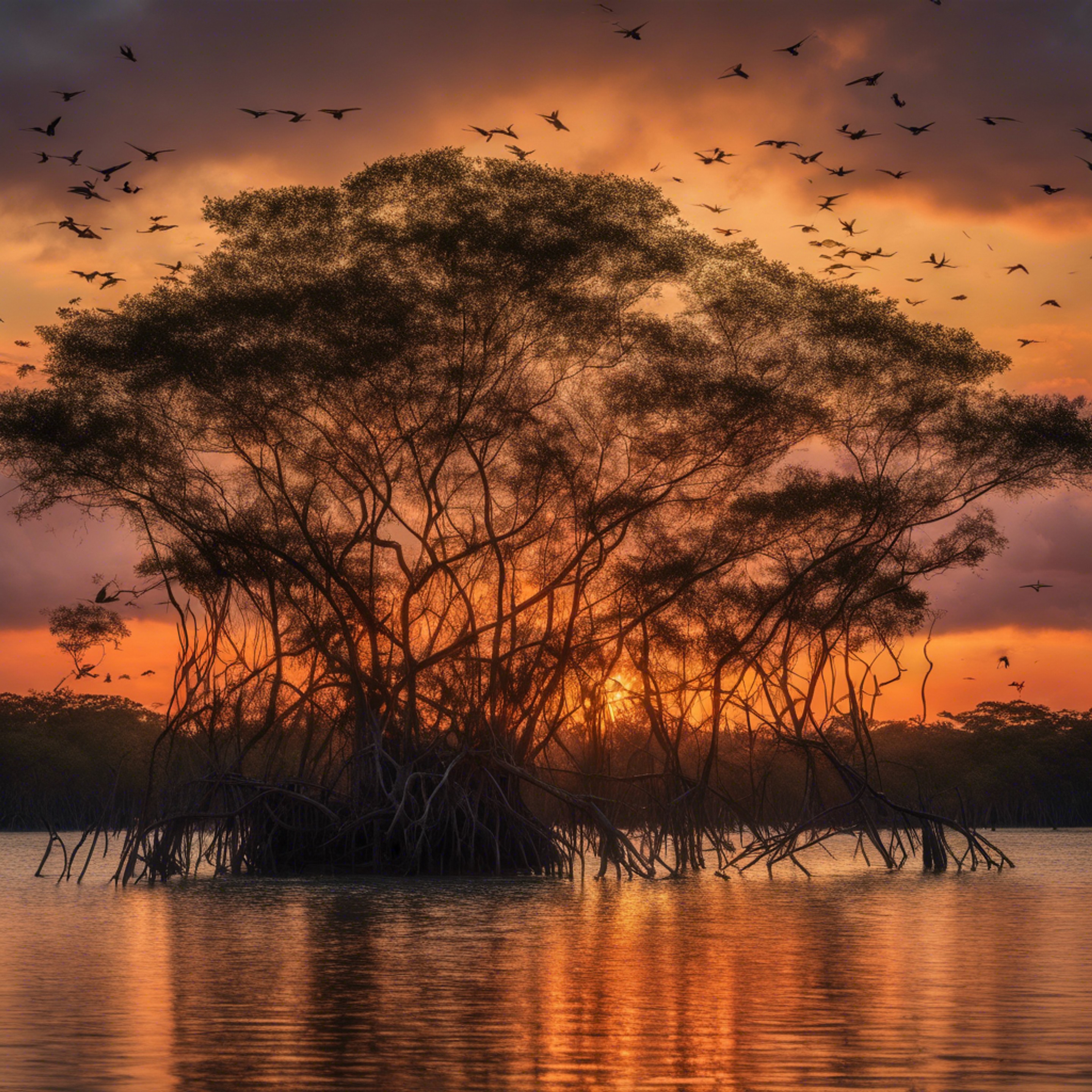 Gilded Dawn: Mangrove Canopy, Birds in Flight - LimeWire