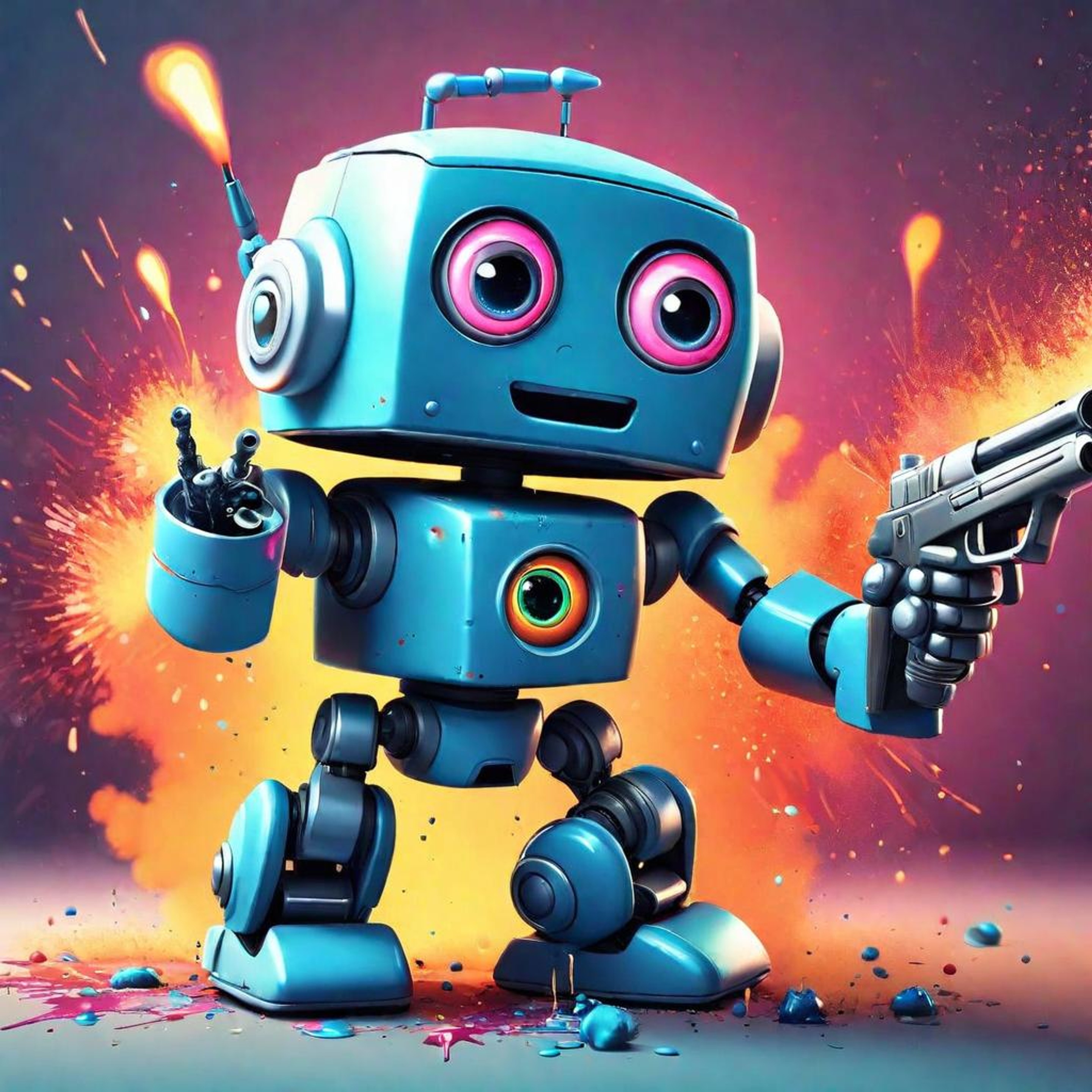 Playful Robot: Mischievous Grin and Colorful Celebration - LimeWire