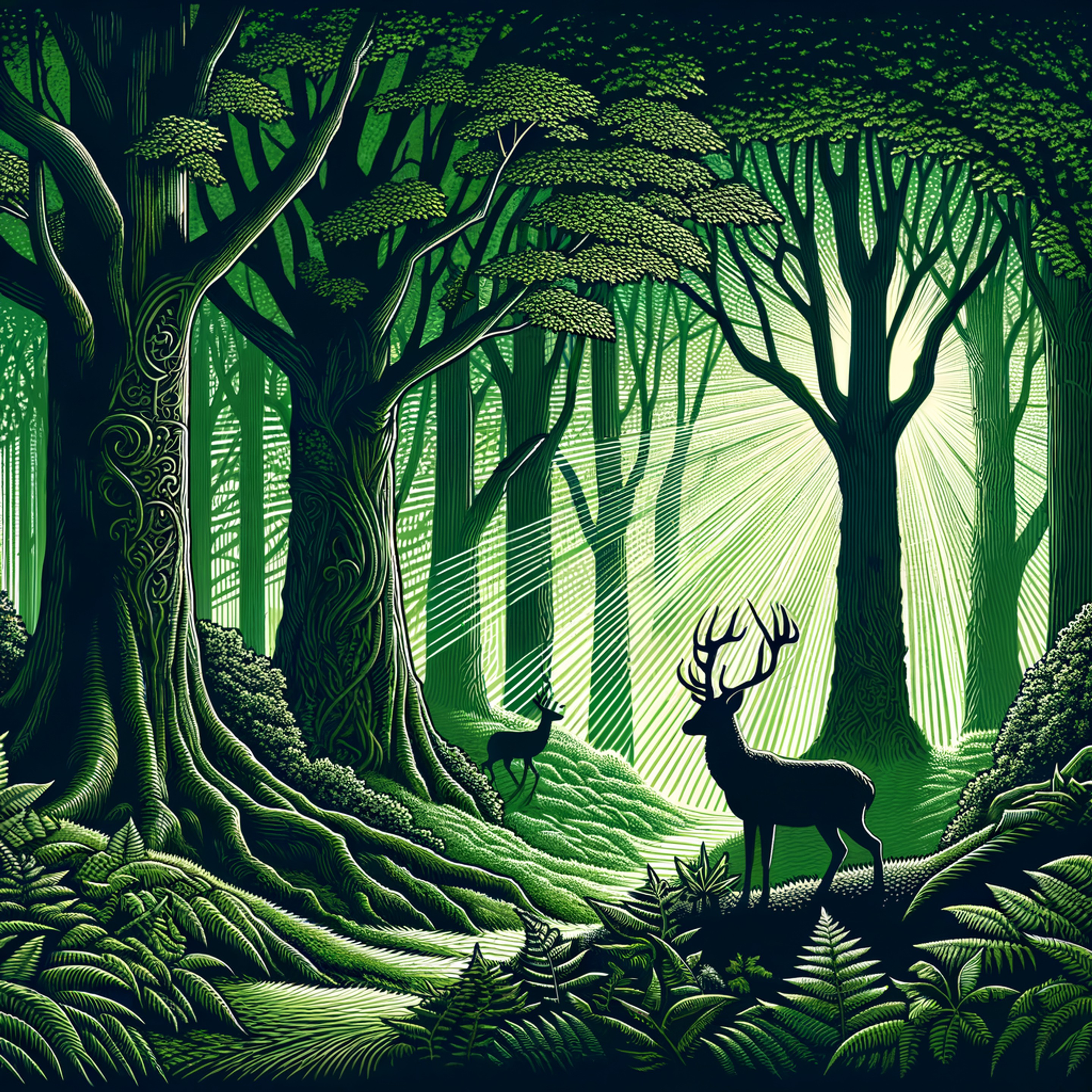 Hyrcanian Forest Serenity: Digital Art of Deer and Trees - LimeWire