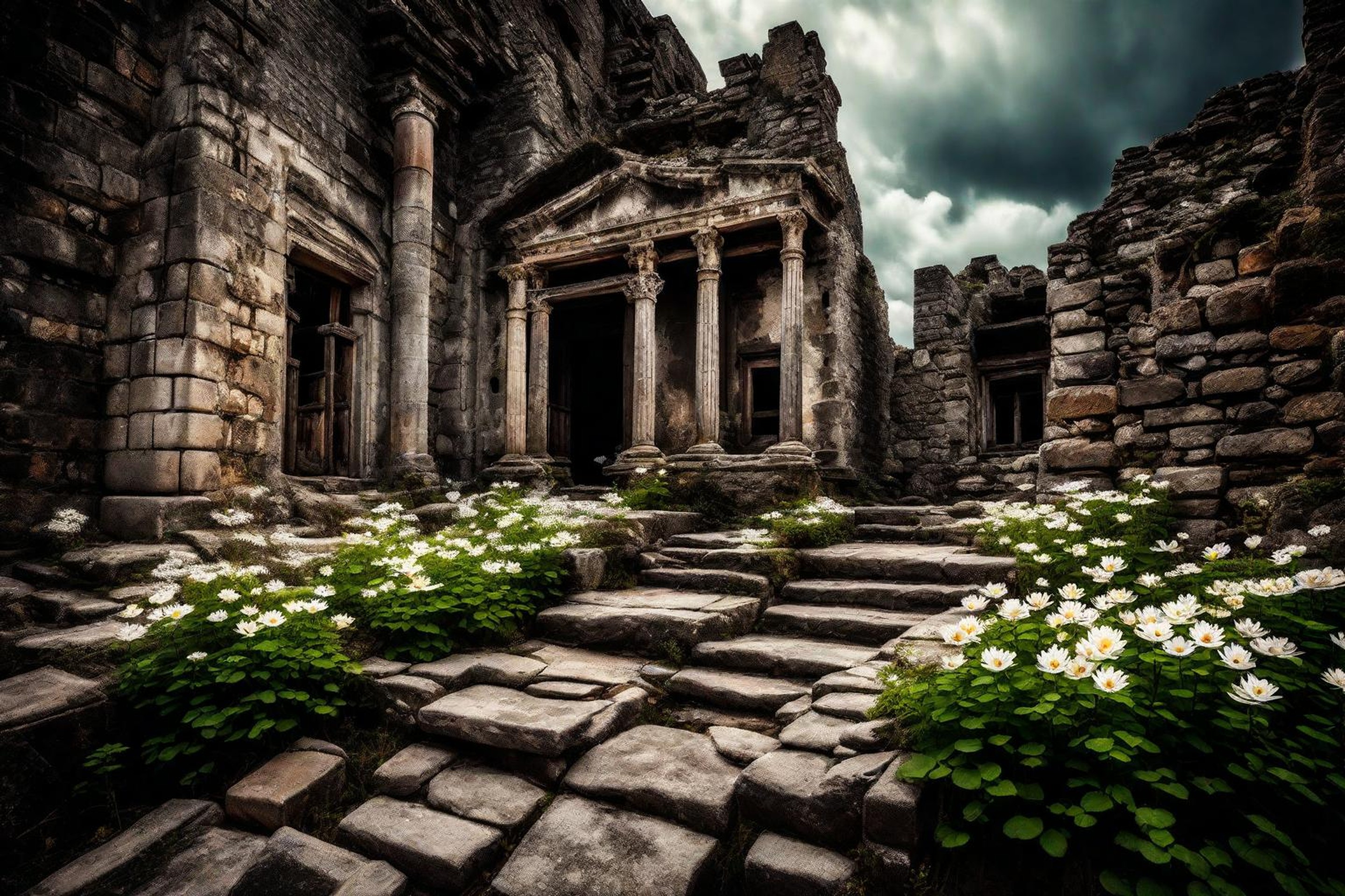 Whispers in Time: The Resilient White Flower Amidst Ruins - LimeWire
