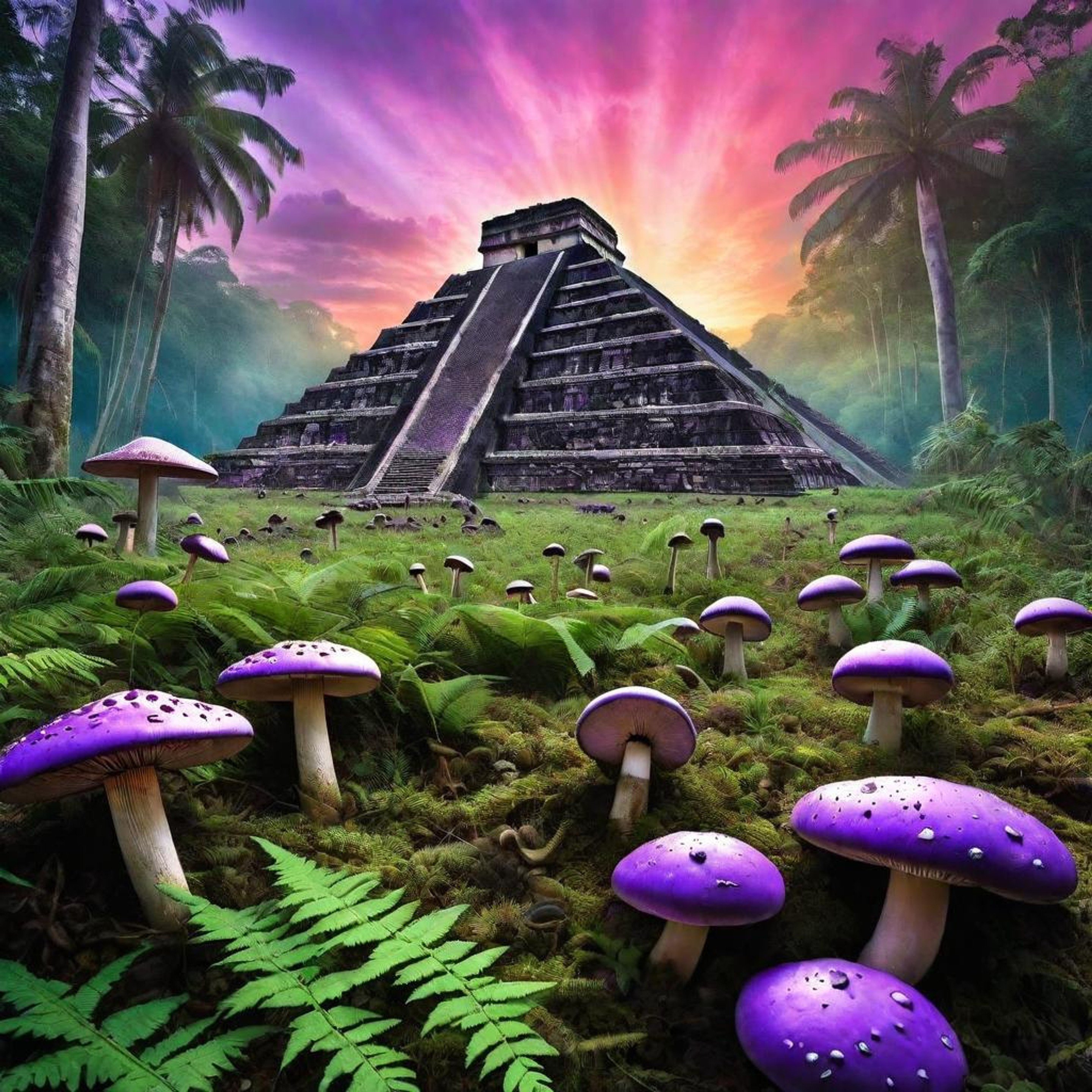 Psychedelic Mushroom Field with Mayan Pyramid Ruins at Dawn - LimeWire