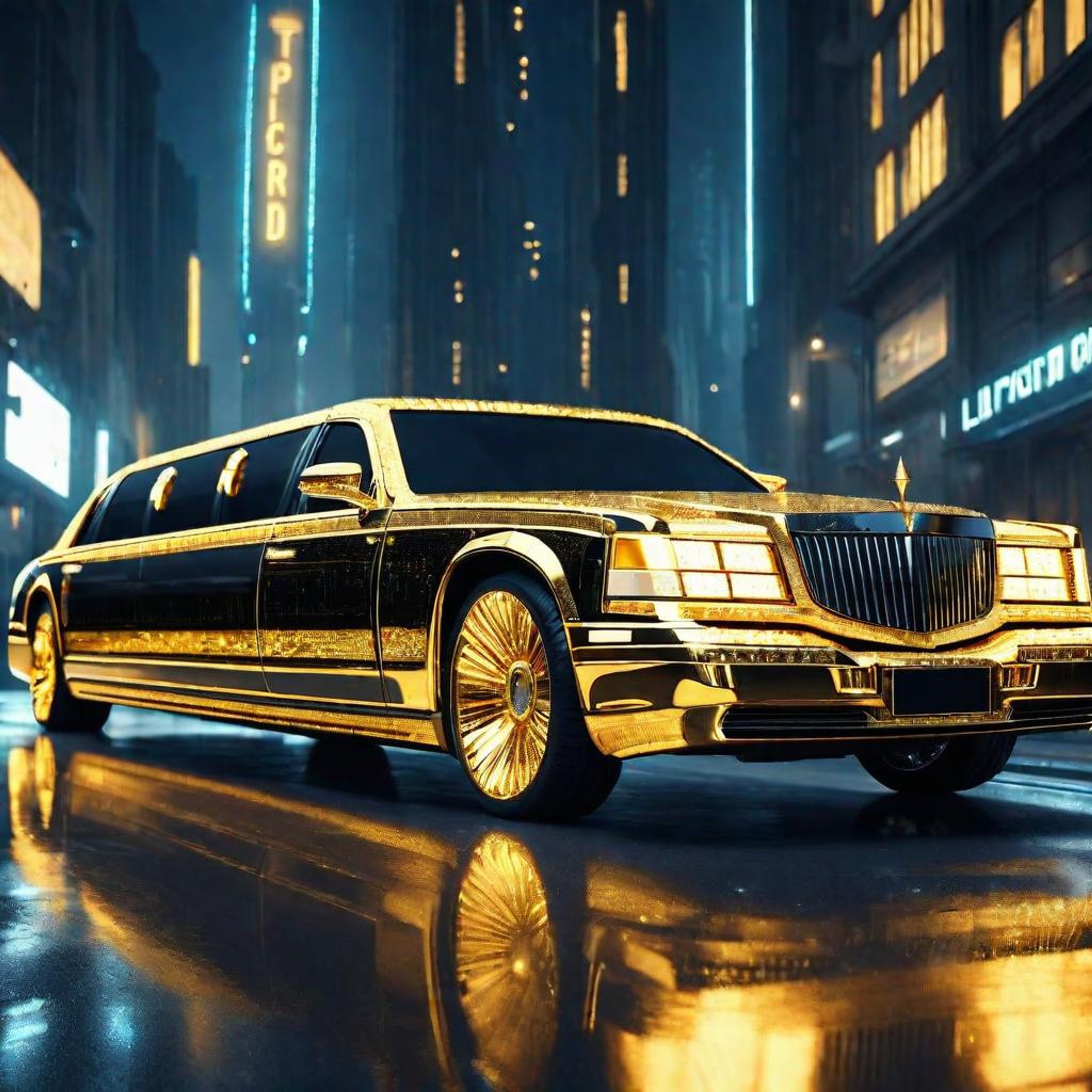 Golden Limousine Glitters in Cyberpunk City Lights - LimeWire