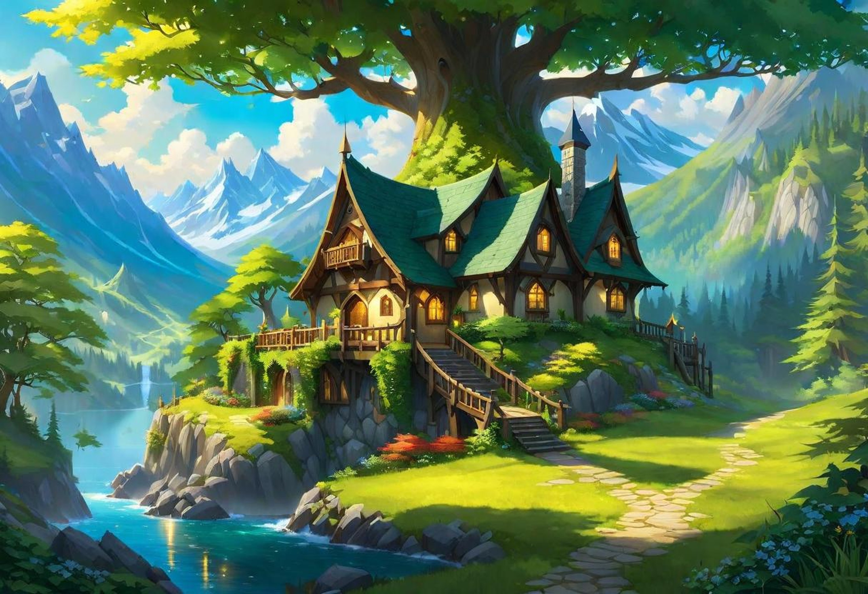 "Enchanted Elf Treehouse Retreat: Fantasy Landscape Aerial View" - LimeWire
