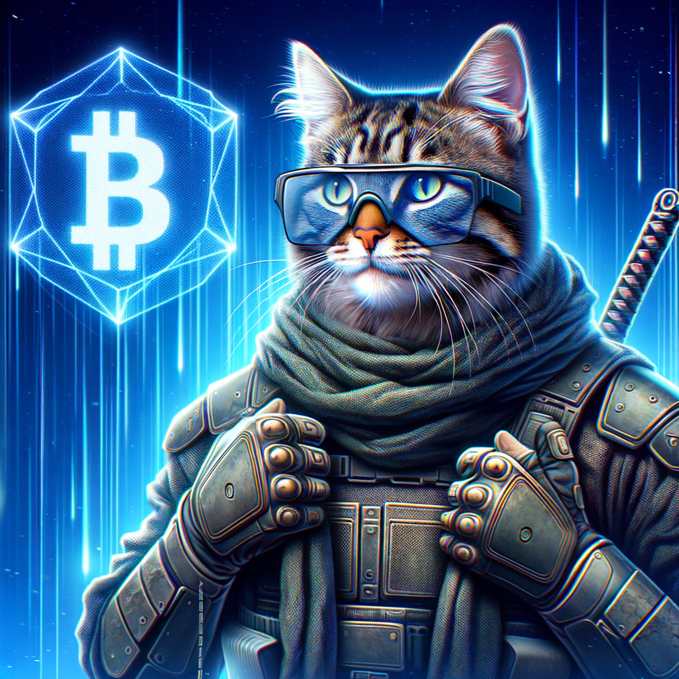 "Ninja Cat NFT: Armored Feline in Glasses on Blue" - LimeWire