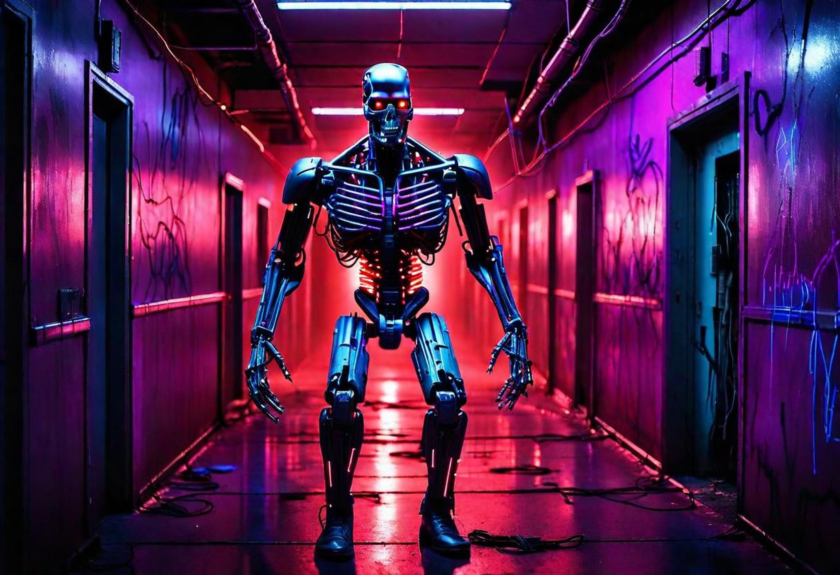 Glowing Red-Eyed Terminator in Dark Metallic Corridor - LimeWire