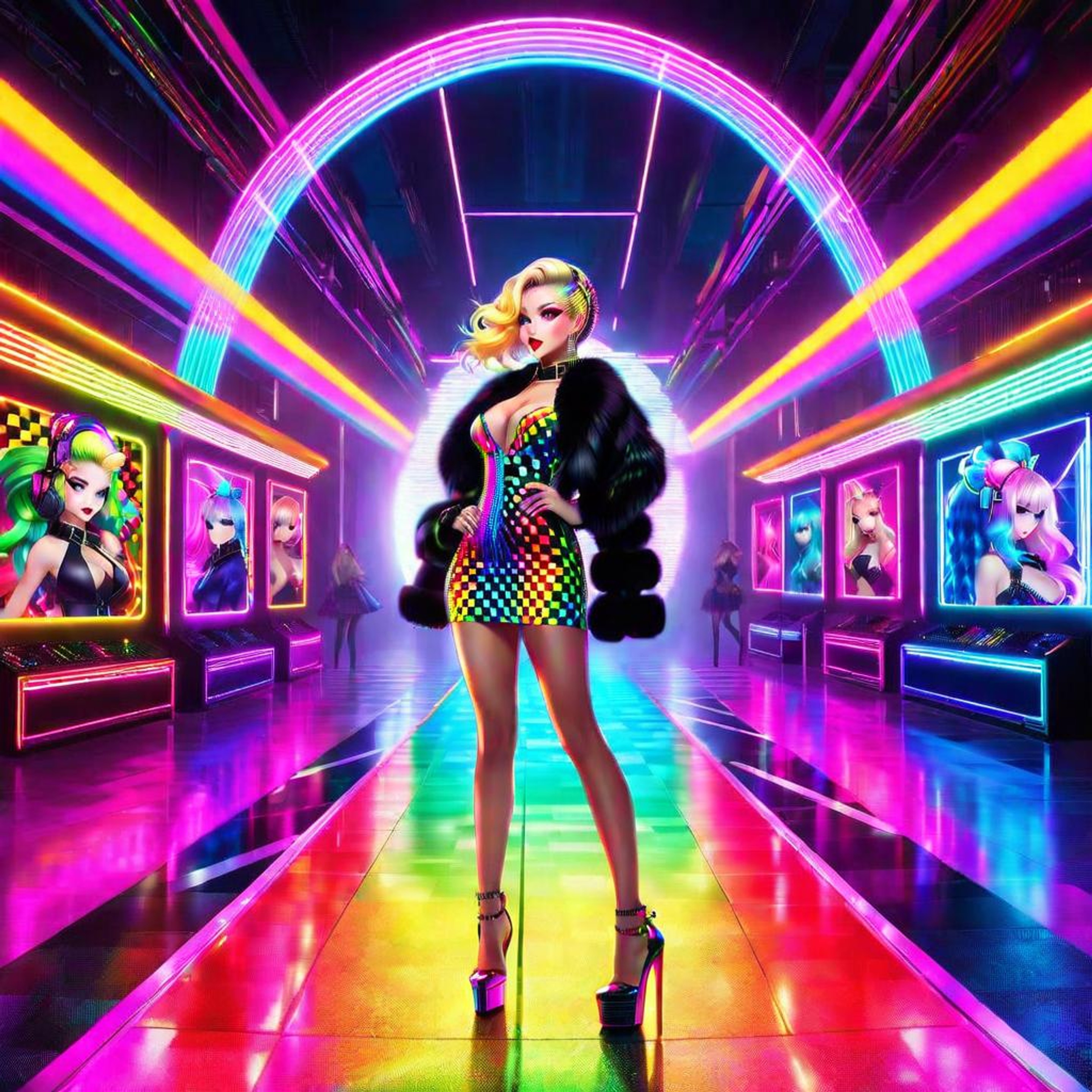 Neon Cyberpunk Medusa Pinup Doll in Exotic Rainbow Attire - LimeWire