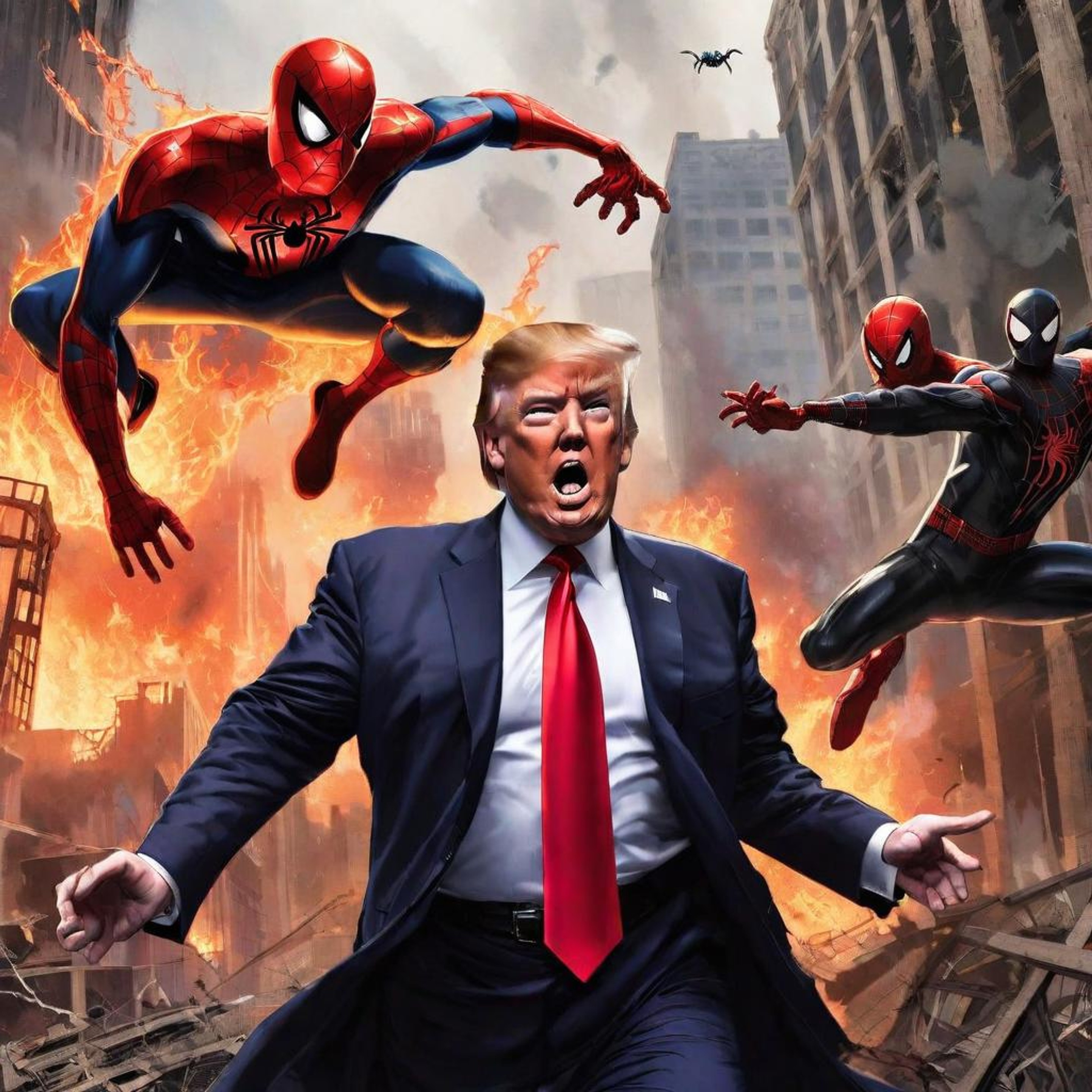 Triumphant Trump and Marvel Heroes in Dystopian Cityscape - LimeWire