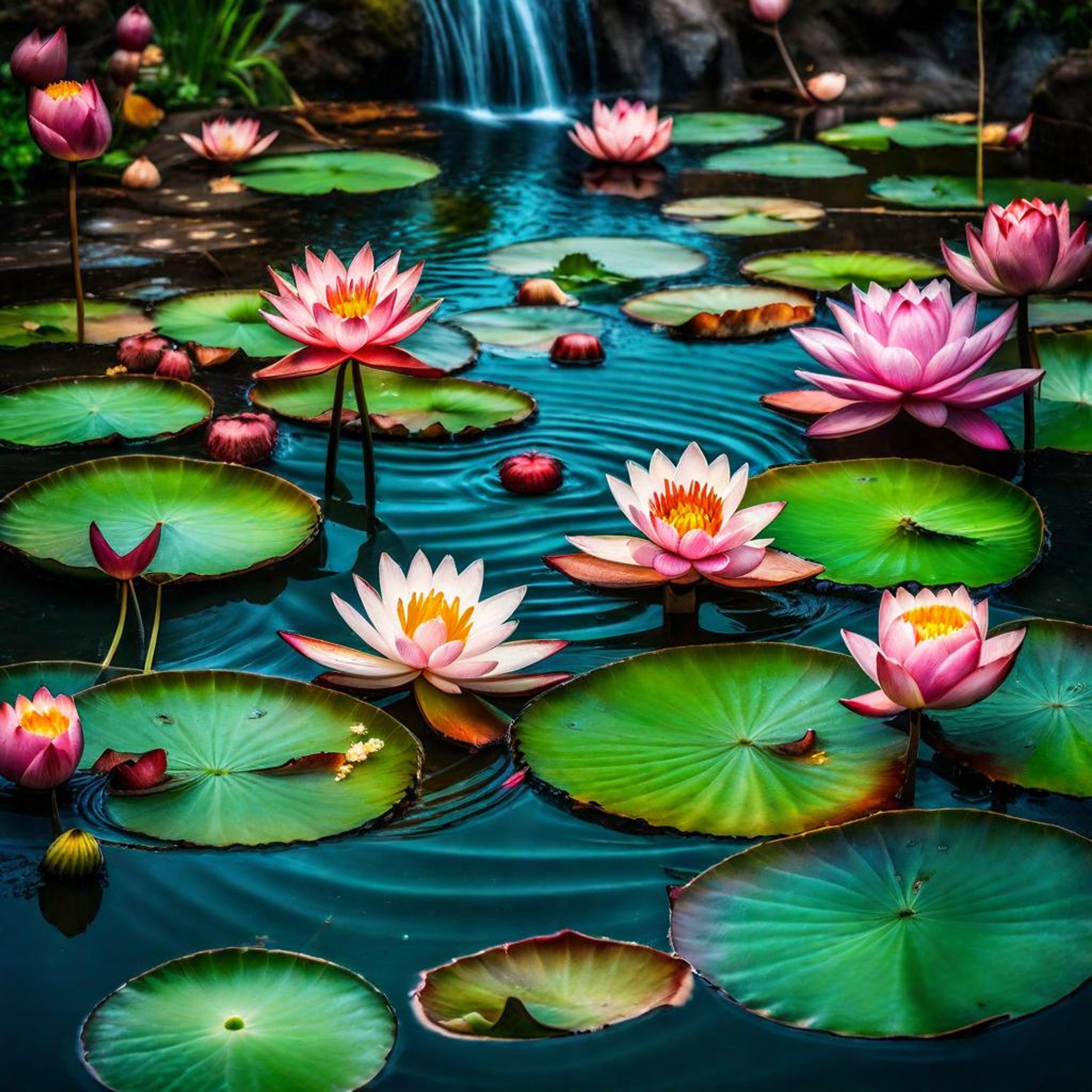 "Enchanted Lotus Pond: Mermaid Reaches for Waterfall Blossoms" - LimeWire